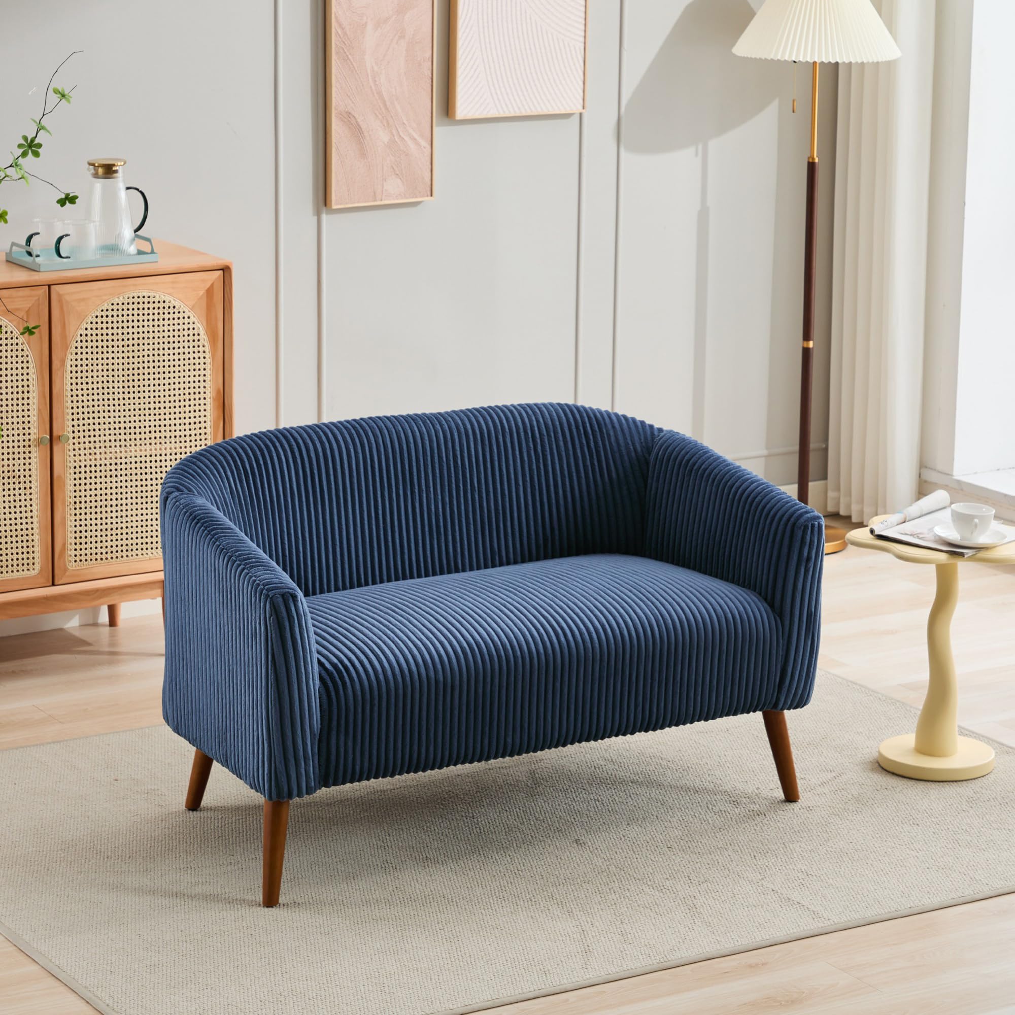 Aoiy & Wifon 50.8" W 2-Seat Small Loveseat Sofa, Comfy Upholstered Loveseat Couch for Small Spaces with Wooden Legs, Corduroy, Navy