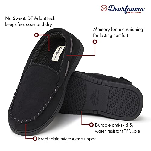 Dearfoams Men's Keaton Memory Foam Moccasin with Wide Widths Slipper, Black Microsuede, Small