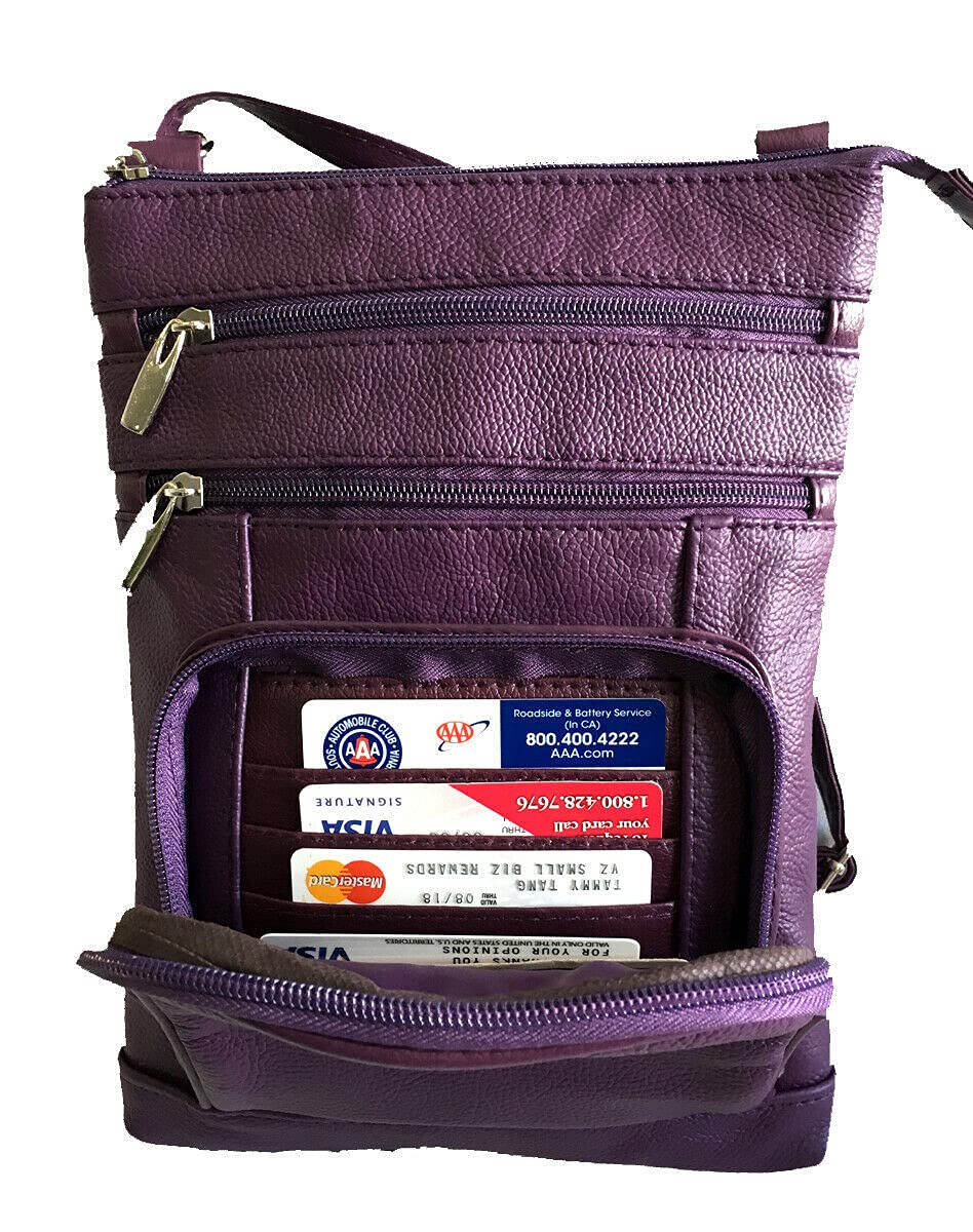 Cross Body Organizer Smart Phone Pockets Real Leather Shoulder Bag Handbag Purse (Purple)