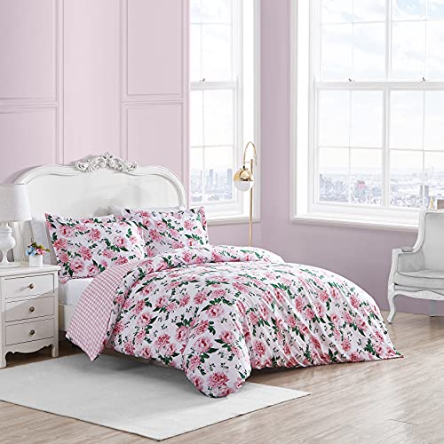 Betsey Johnson - Queen Duvet Cover Set, Reversible Bedding with Matching Shams, All Season Home Decor (Blooming Roses Pink, Queen)