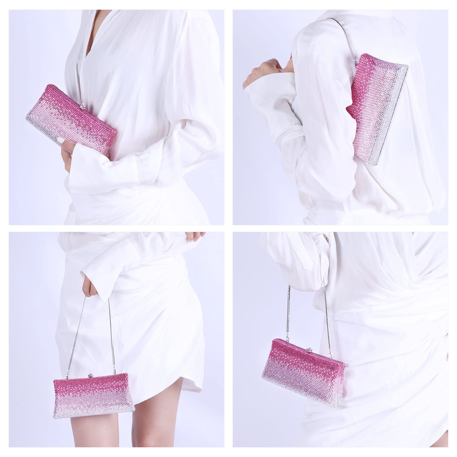 Evevictor Clutch Purse, Small Size Evening Handbag, Rhinestone Money Bag for Cocktail Prom Party Wedding Date (Hot Pink)
