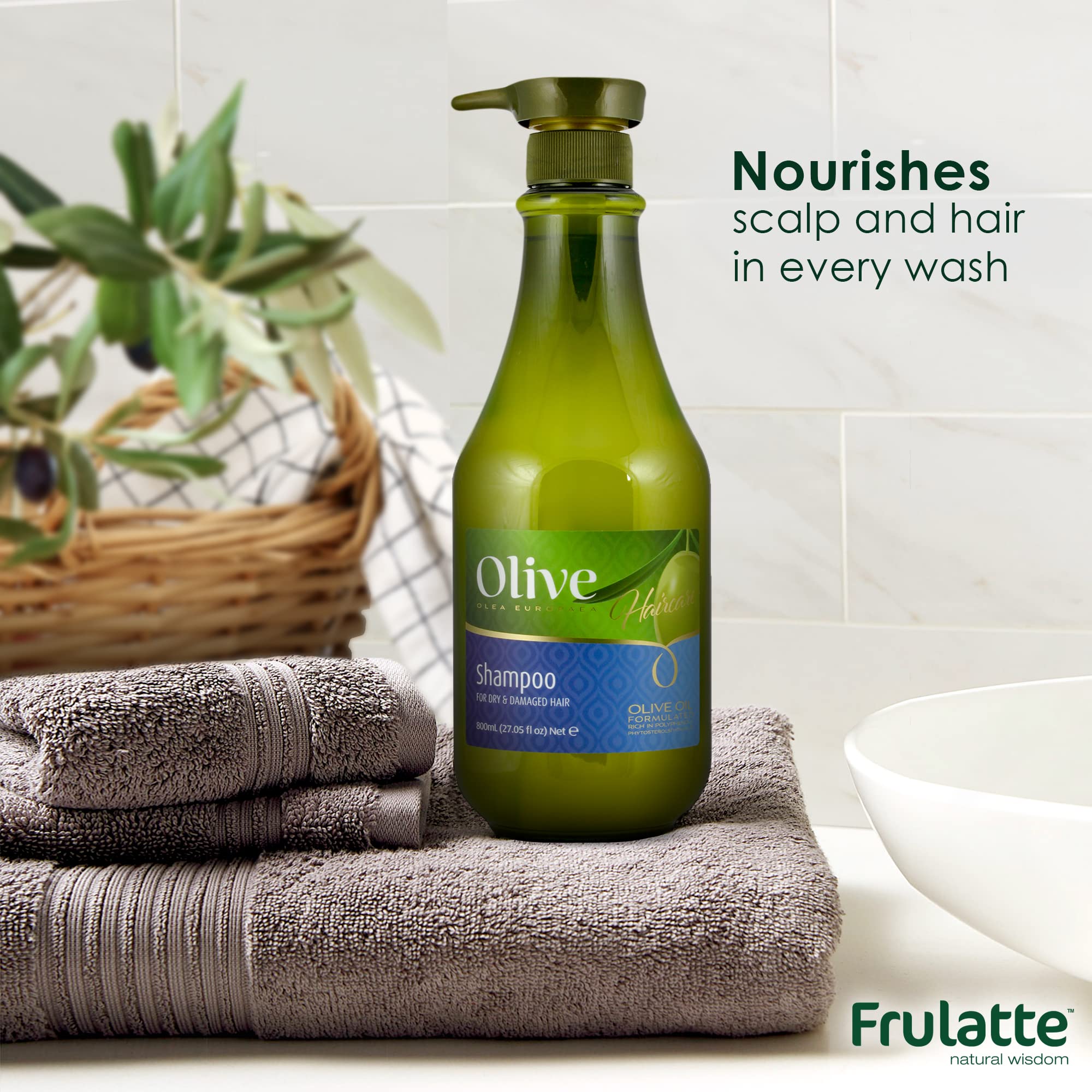 Frulatte Olive Shampoo with Organic Olive Oil | Rich in Vitamins A, D & E Hydrating Shampoo for Dry Damaged Hair | Paraben Free Shampoo | Natural & Deep Cleansing Hair Shampoo, 27 fl oz