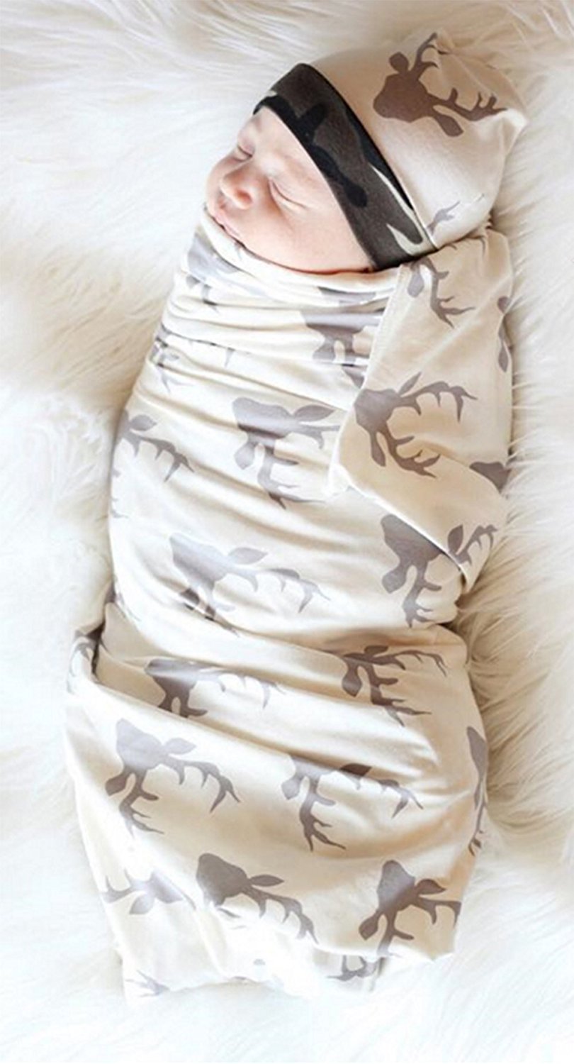 Soft Cotton Newborn Baby Swaddle Receiving Blanket Deer Printed Bath Towel with Hat Sets