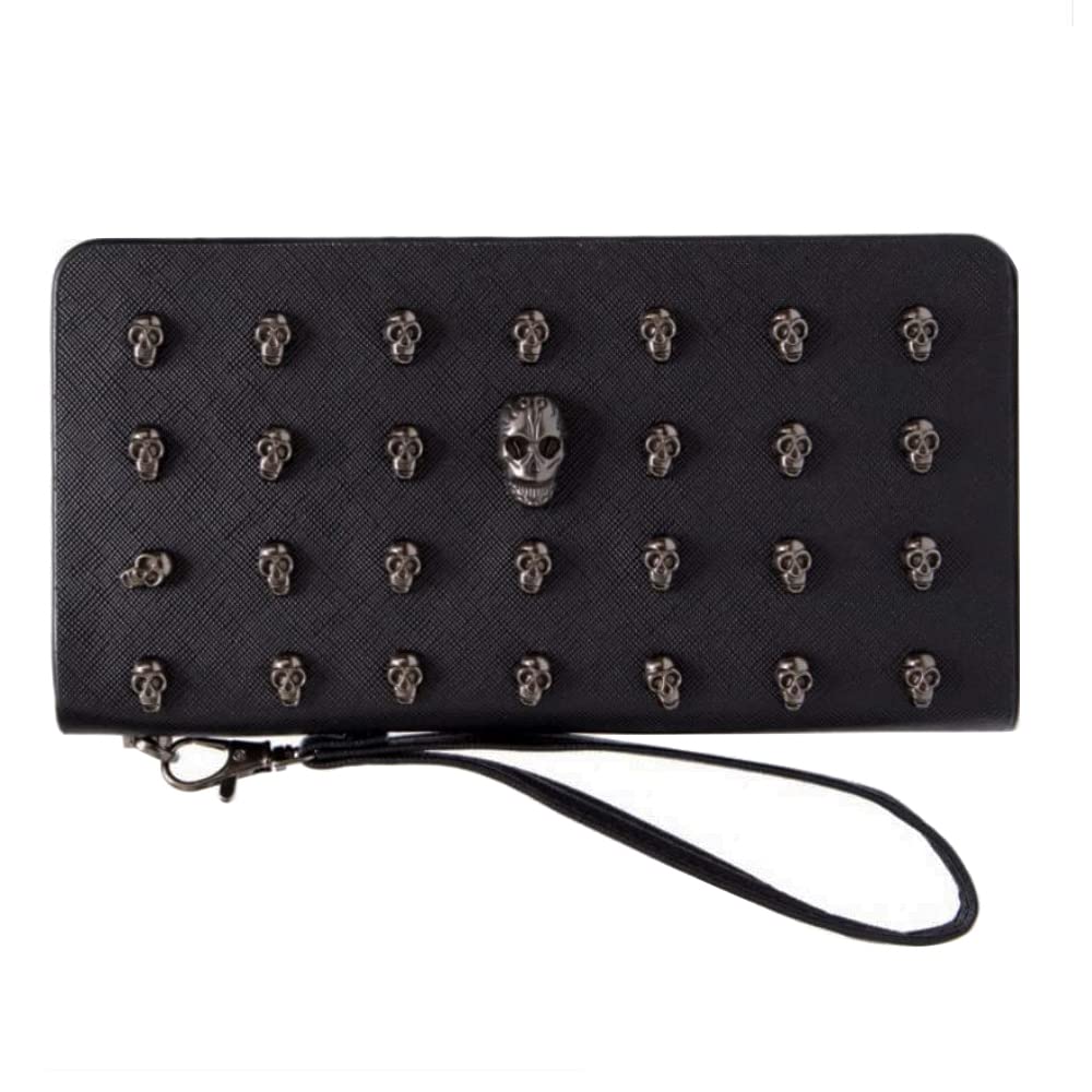DownUpdown Skull Wallets for Women Wristlet Purses Clutch Black Zipper Purse Faux Leather Punk Gothic Cool Long Wallet Men