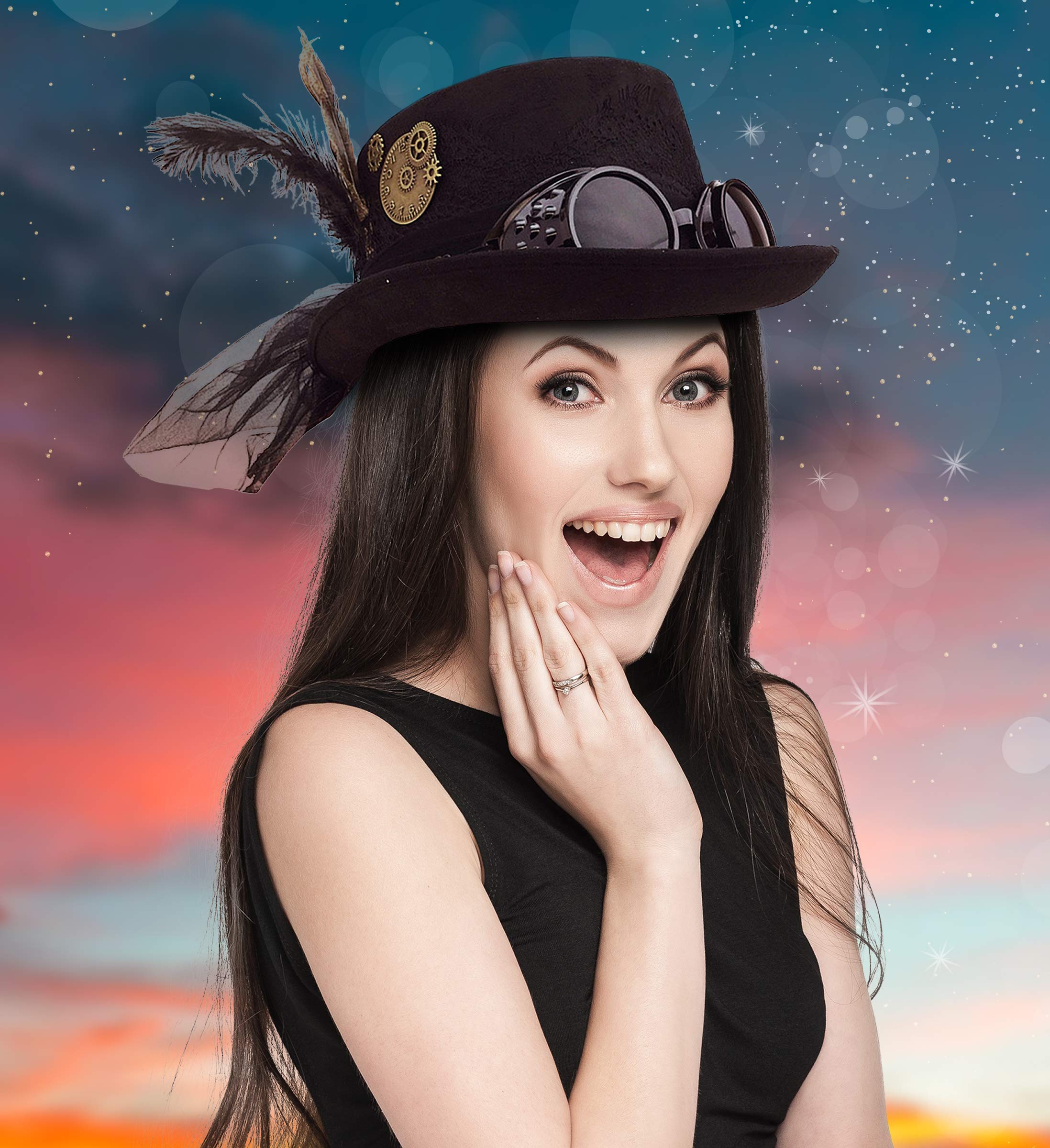 Attitude Studio Fedora Steampunk Hat with Goggles, Feathers, and Gears - Black