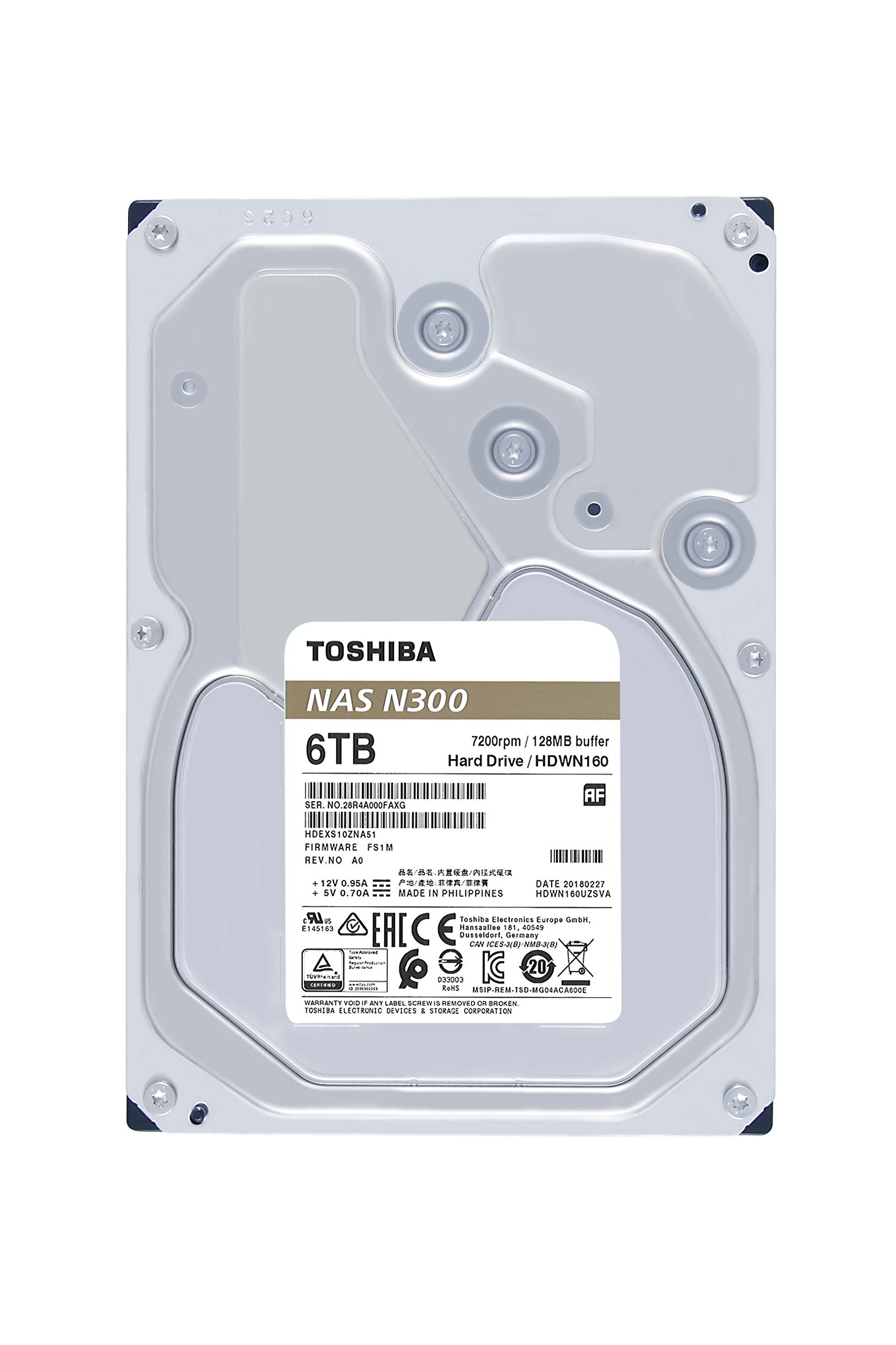 Toshiba N300 6TB NAS 3.5-Inch Internal Hard Drive - CMR SATA 6 GB/s 7200 RPM 128 MB Cache - HDWN160XZSTA