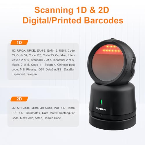 VOTTAN Omni-Directional Desktop Barcode Scanner, Bluetooth + 2.4G Wireless Hands-Free Barcode Reader, 360° Rotating Charging Stand Adjustable Scan Head 2D QR Code Presentation Scanner