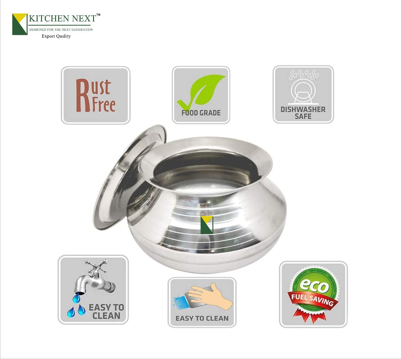 Bartan Hub Stainless Steel Handi with Lid ( Pongal Handi , 2500 ML , Dishwasher Safe ) Handi 2.5 L with Lid (Stainless Steel), Medium