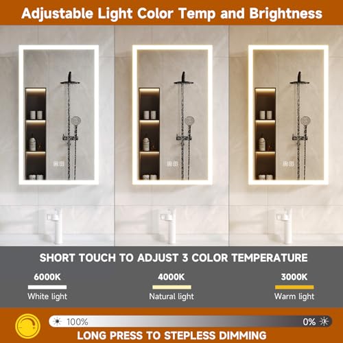 Seenvlog Bathroom Medicine Cabinet with Lights, 15.7" x 27.5" LED Mirror Cabinet, 3-Color Temp, Black Bathroom Storage Cabinet Anti-Fog, Wall Mount