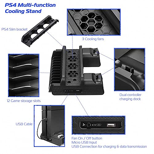 ADZ for PS4 Cooling Station, Multi-Function PS4 Stand with Cooling Fan and Controller Charger, 12 PS4 Games Rack Compatible with Original PS4, PS4 Slim & PS4 Pro