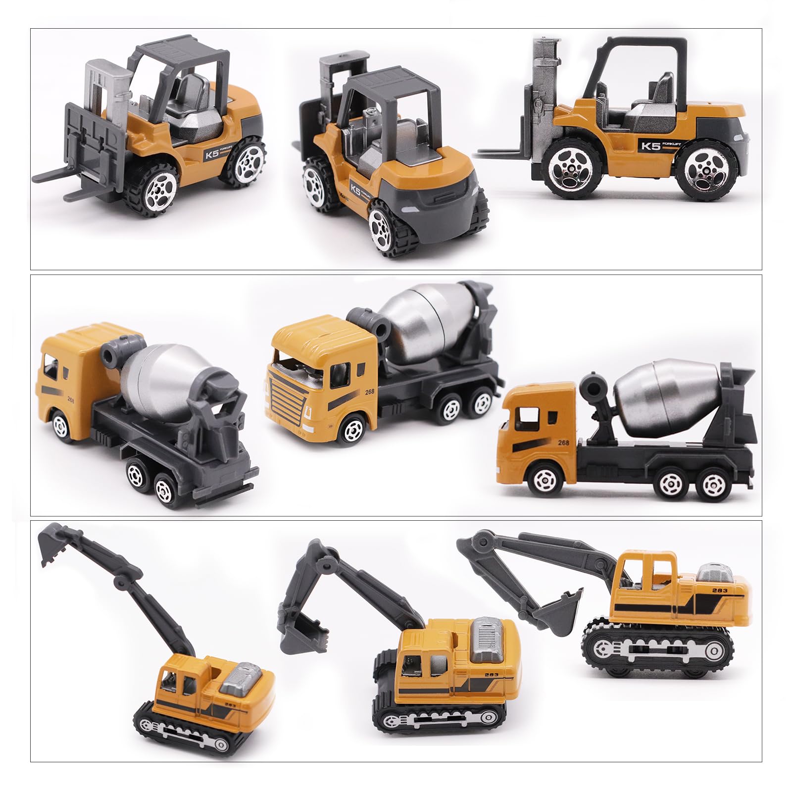 Childom Alloy Construction Engineering Vehicle Toys Set 12 Pack Stacker,Big Forklift,Heavy Duty Roller,Excavator,Heavy Transport Vehicle,Engineering Mixer Set for Kids Boys