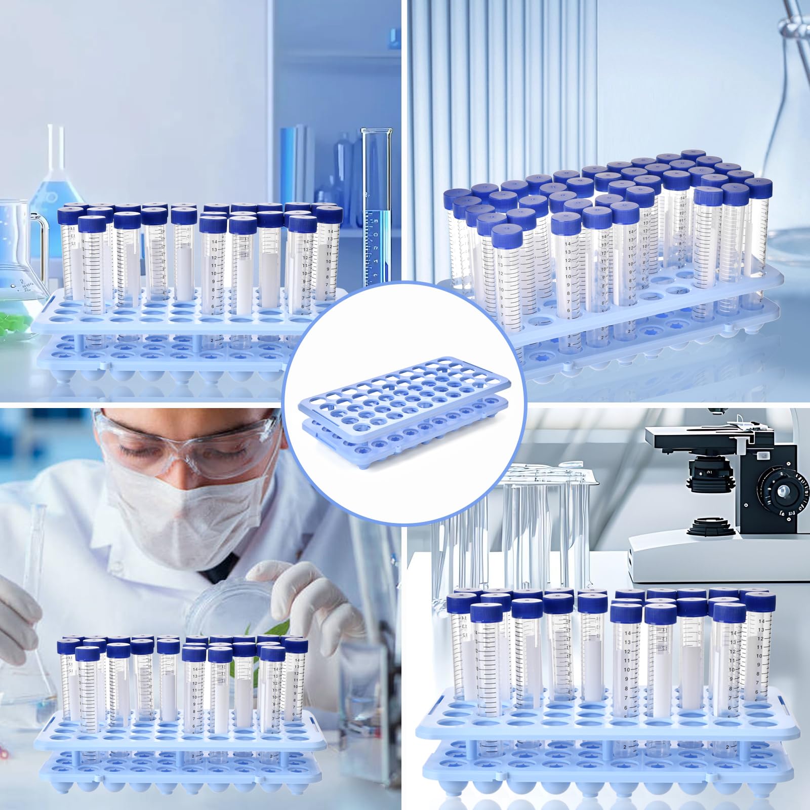 BIGLEE Plastic Test Tube Holder Rack with Silicone Pad for Test Tubes with a Diameter of Less Than 18MM, Detachable,Holes 50 (1 Pack)