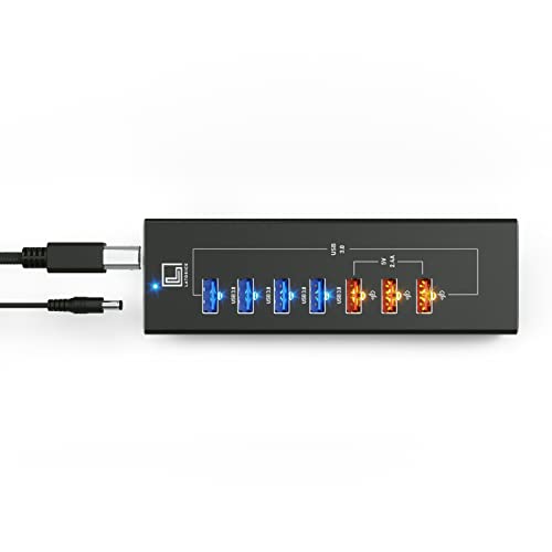 LATORICE Powered USB Hub - Multi-Port USB Hub with 7 USB 3.0 Ports, 3 Fast Charging USB 3 0 Ports, with Cords C and A, Power USB HUB Adapter