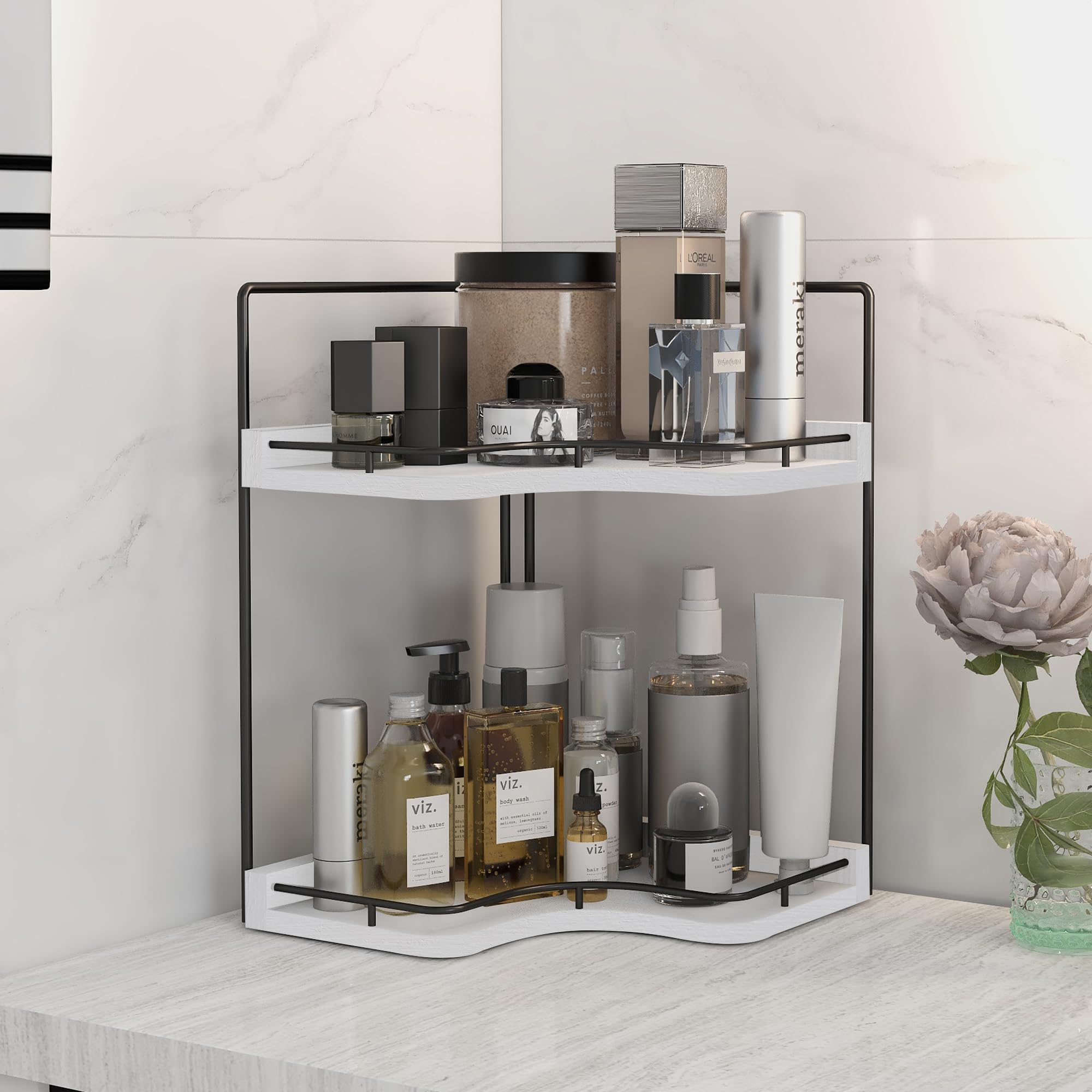 Bathroom Organizer Countertop,Wood Vanity Tray for Bathroom Storage,L Bathroom Counter Organizer,2 Tier Counter Corner Shelf for Bathroom,Kitchen (White)