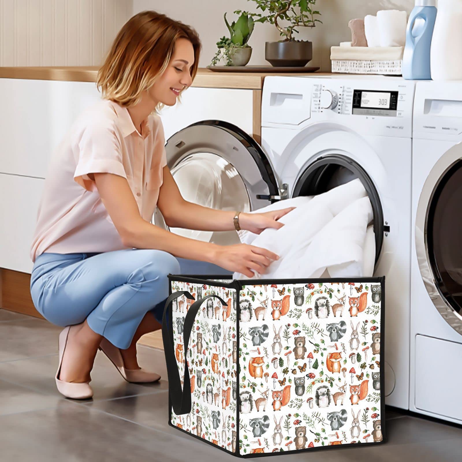 senya Large Collapsible Storage Bins with Handles Woodland Animals Foldable Laundry Hamper Cubes Fabric Basket Closet Organizer Containers Box for Home Bedroom Office 13 x 13 x 13in B06D22016