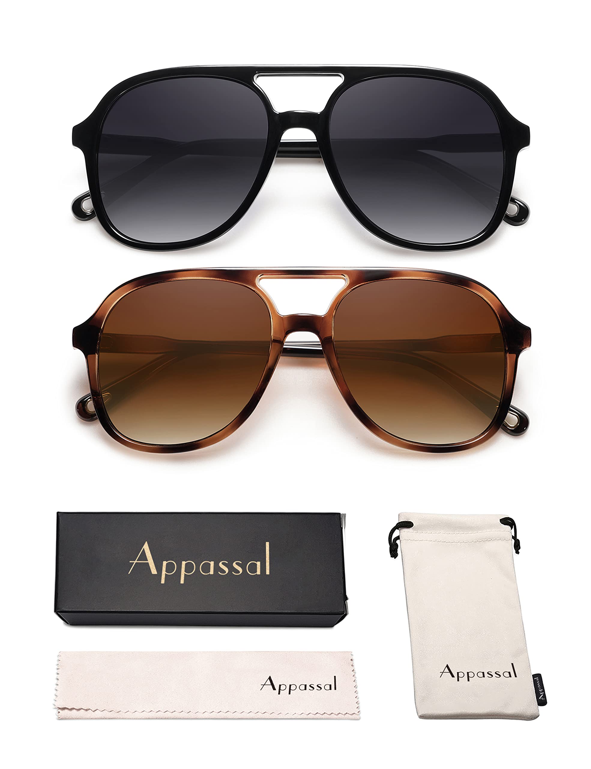 Appassal Retro Polarized Aviator Sunglasses Womens Men Vintage Double Bridge Square Sun Glasses AP3606, Black/Grey & Tortoise/Brown