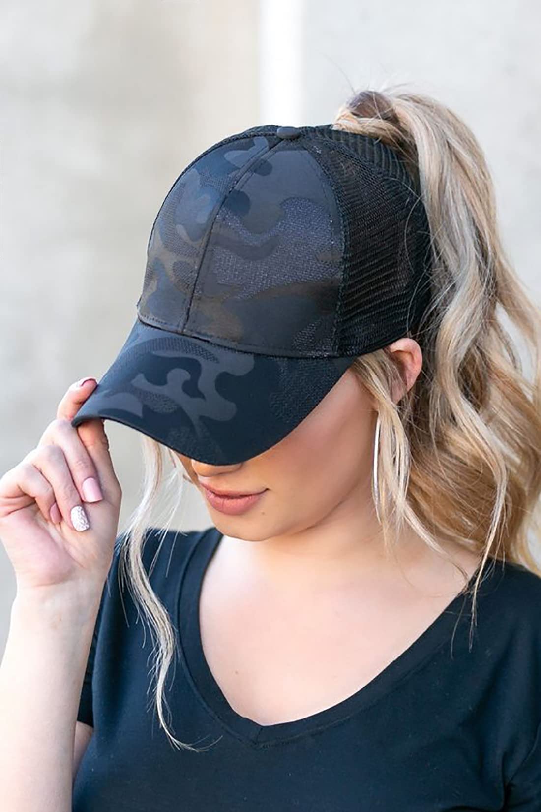 Adorable Star Ponytail Hats for Women, Curved Sanpback Distressed Black Pony Cap, Adjustable Denim Messy Bun Ball Caps (as1, alpha, one_size, m, Jacquard-weave-camo-black)