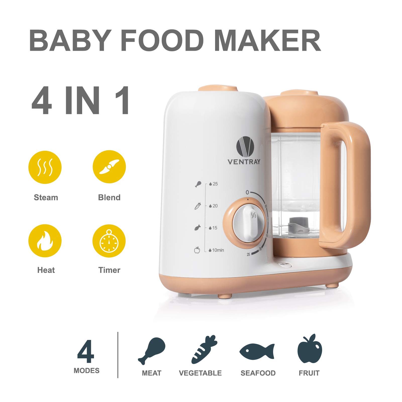 Ventray Baby Food Maker, Puree Food Processor Steamer Blender Cooker Warmer Machine for Toddlers Baby, All-in-one Auto Cooking Easy Clean and BPA-Free - Peach