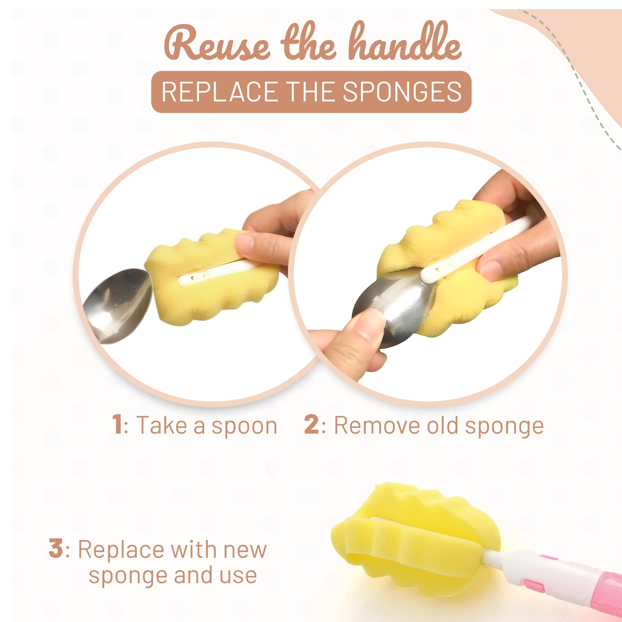 MoomooBaby Brush Replacement Sponges 6 Pack: 3 Bottle Sponges + 3 Nipple Sponges