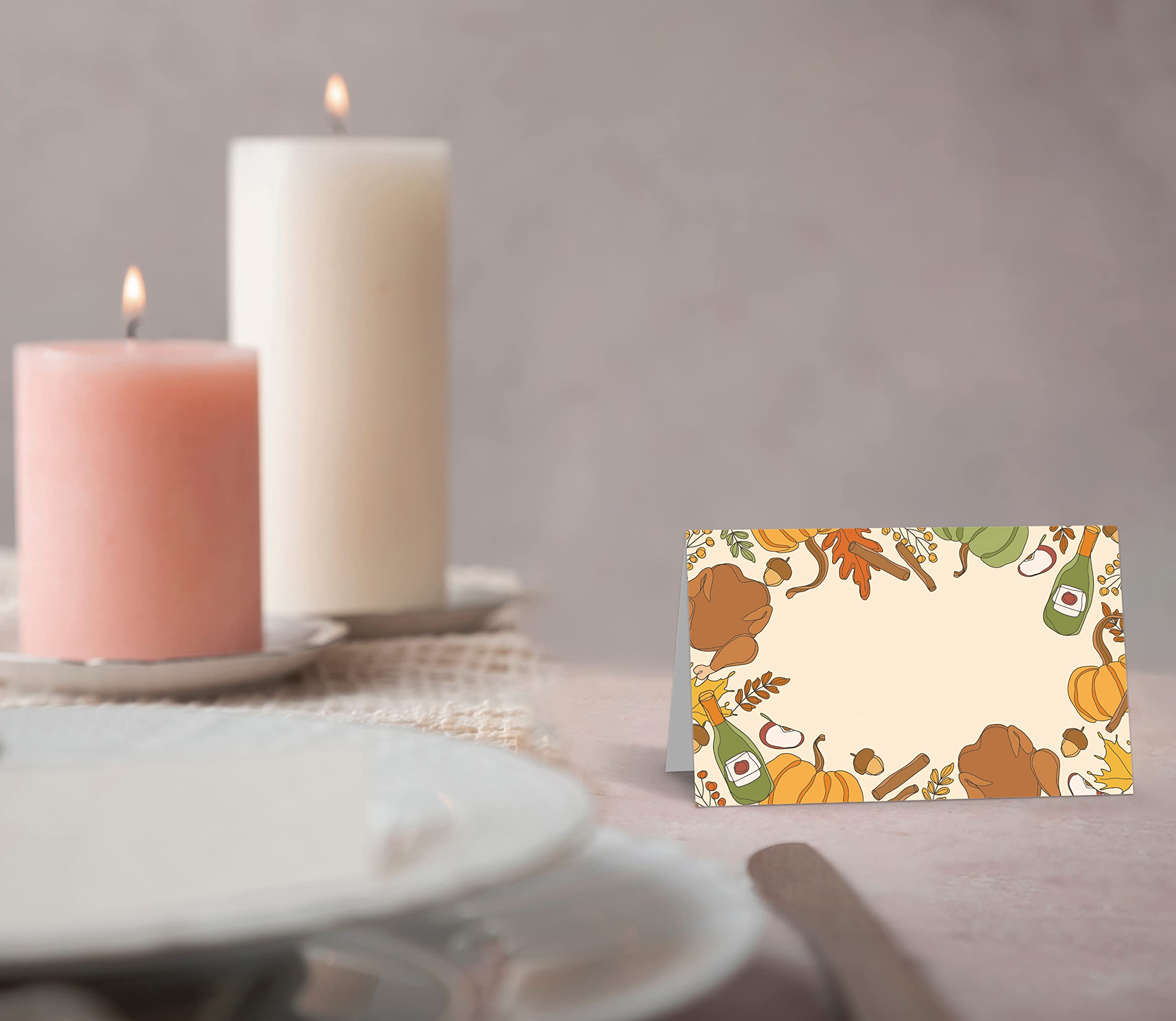 Fall Thanksgiving Table Place Cards, Orange Pumpkin Blank Seating Place Card for Table, 25 Pack Buffet Food Tent Labels, Double Design Name Cards, Thanksgiving Day Party Decorations(05)