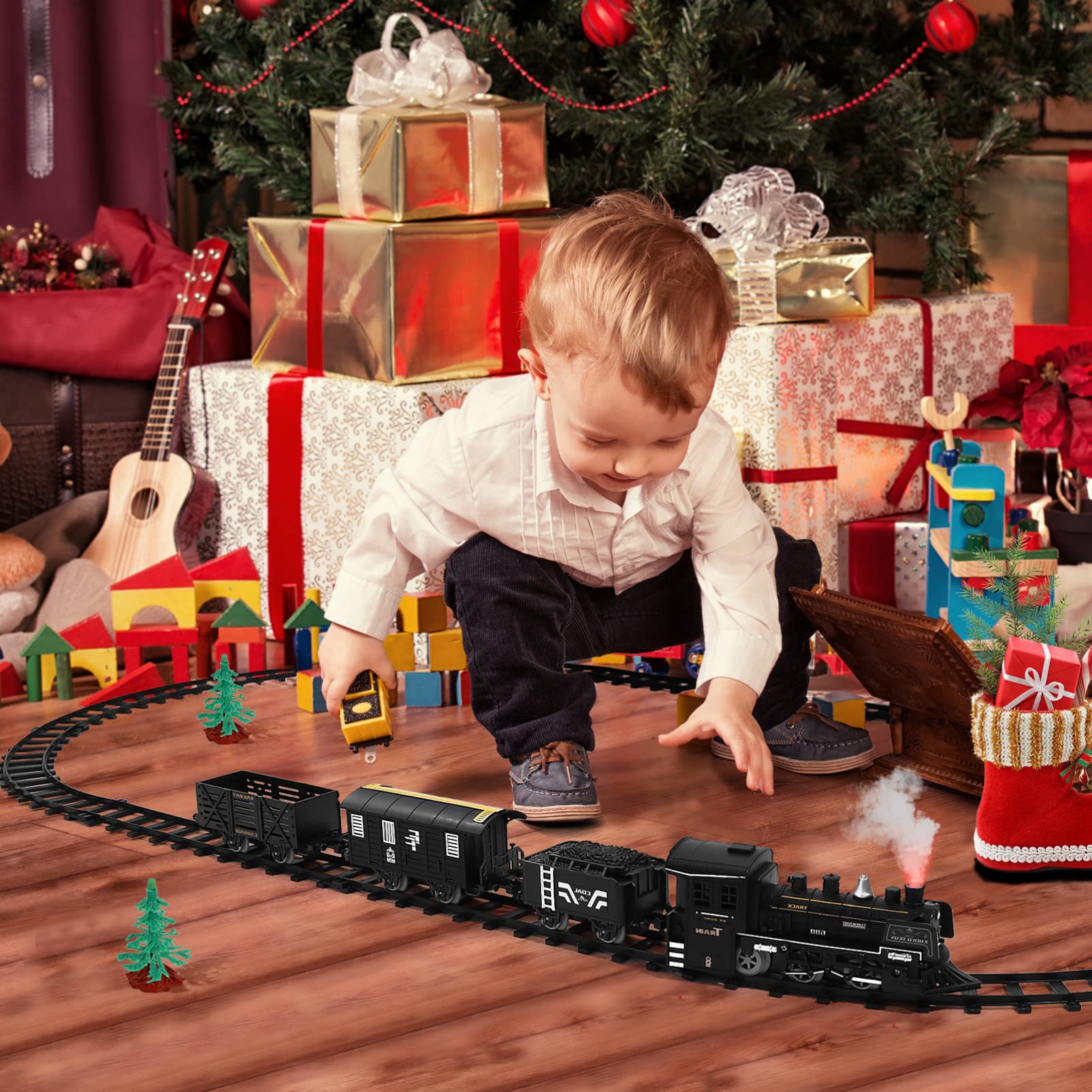 Electric Train Set for Kids- Battery- Powered Model Train with, Sounds& Lights Steam Locomotive Engine, Cargo Cars& Tracks- Christmas Train Sets for Under The Tree