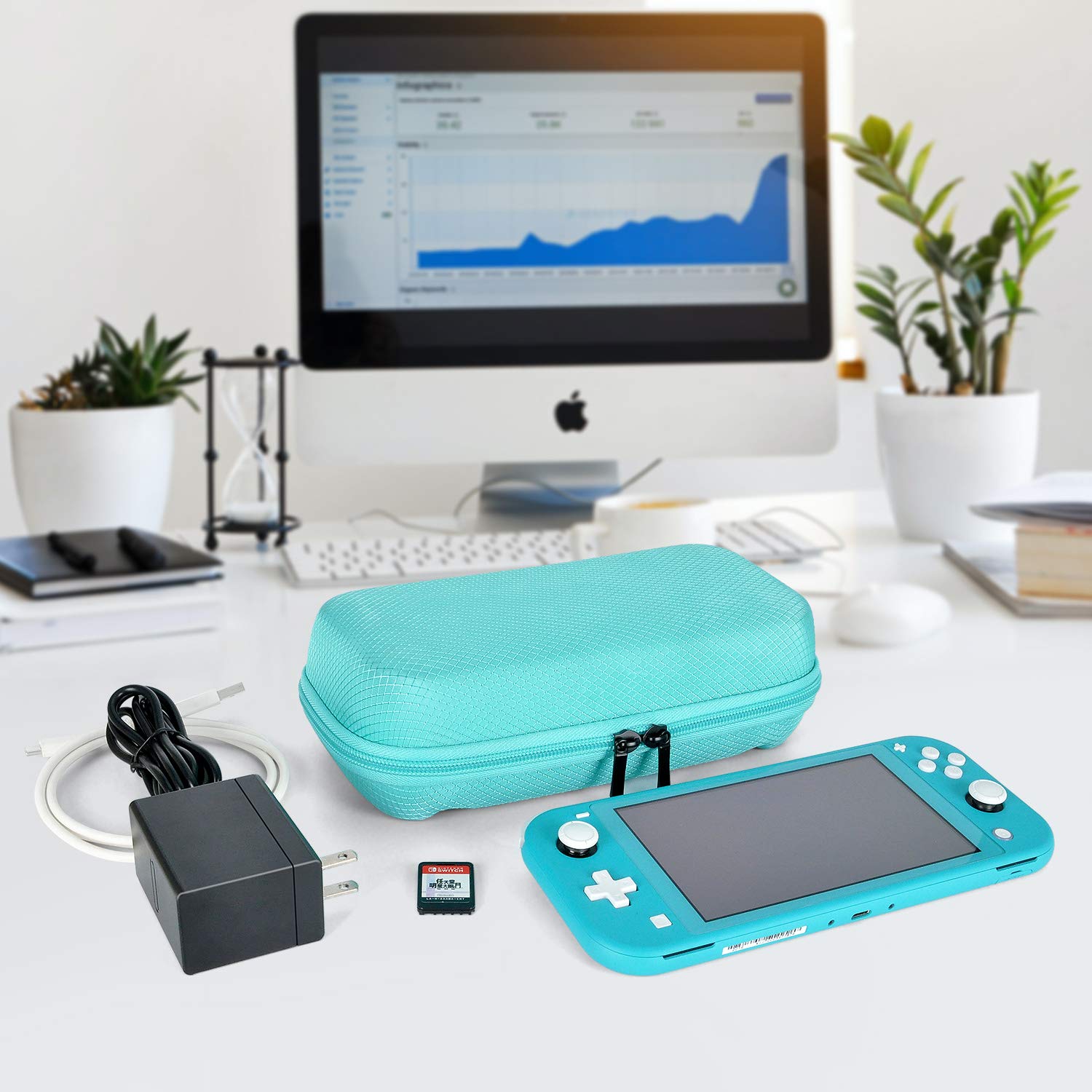 Daydayup Switch Case Compatible with Nintendo Switch Lite 2 Pack Screen Protector & 6 Pcs Thumb Grip, 20 Game Cartridges Hard Shell Travel Carrying Switch Lite Console & Accessories, Turquoise