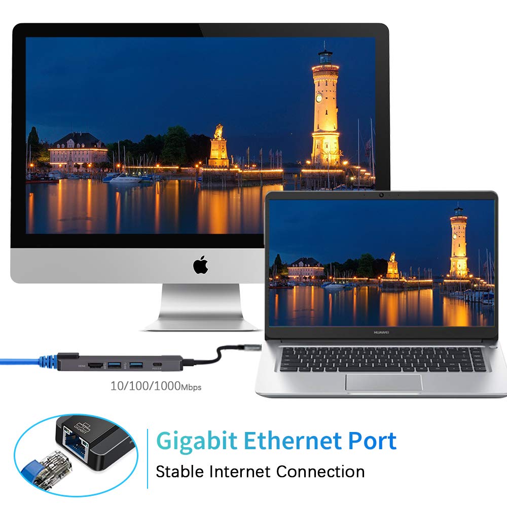 USB C Hub, USB C to Ethernet HDMI USB Adapter with 1000Mbps Ethernet Port, 4K HDMI, 2 USB 3.0 and USB 3.1 Charging Ports, Compatible with MacBook/Pro/Air, Android Phone, Laptops, Tablet and etc