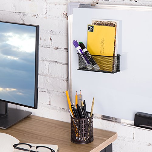 MyGift Matte Black Metal Magnetic Marker Holder for Whiteboard, Office Supplies and Accessory Storage Mesh Baskets for Fridge, Set of 6