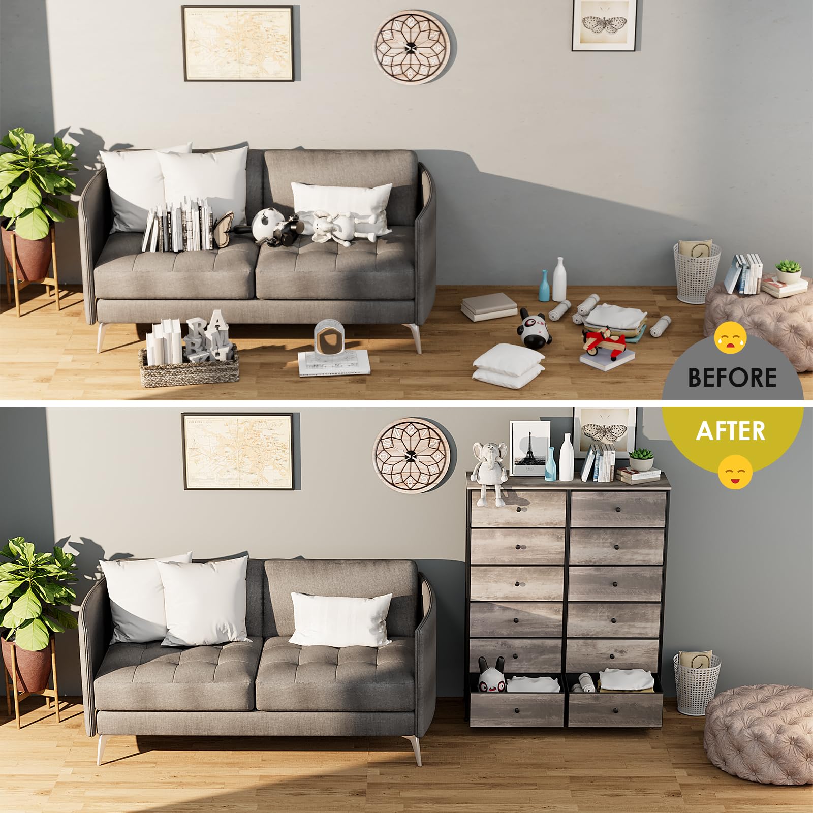 Arlopu 12-Drawer Dresser, 35.2ββ Widened 6-Layer Fabric Storage Tower w/Textured Print Fabric Bins, Tall Chest Organizer Unit for Living Room, Hallway, Nursery, Closets, Adjustable Feetpad
