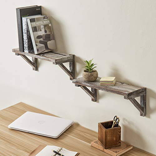 MyGift Wall Mounted Floating Shelves - 16.5 InchTorched Wood Decorative Shelf with Wooden Brackets, Set of 2