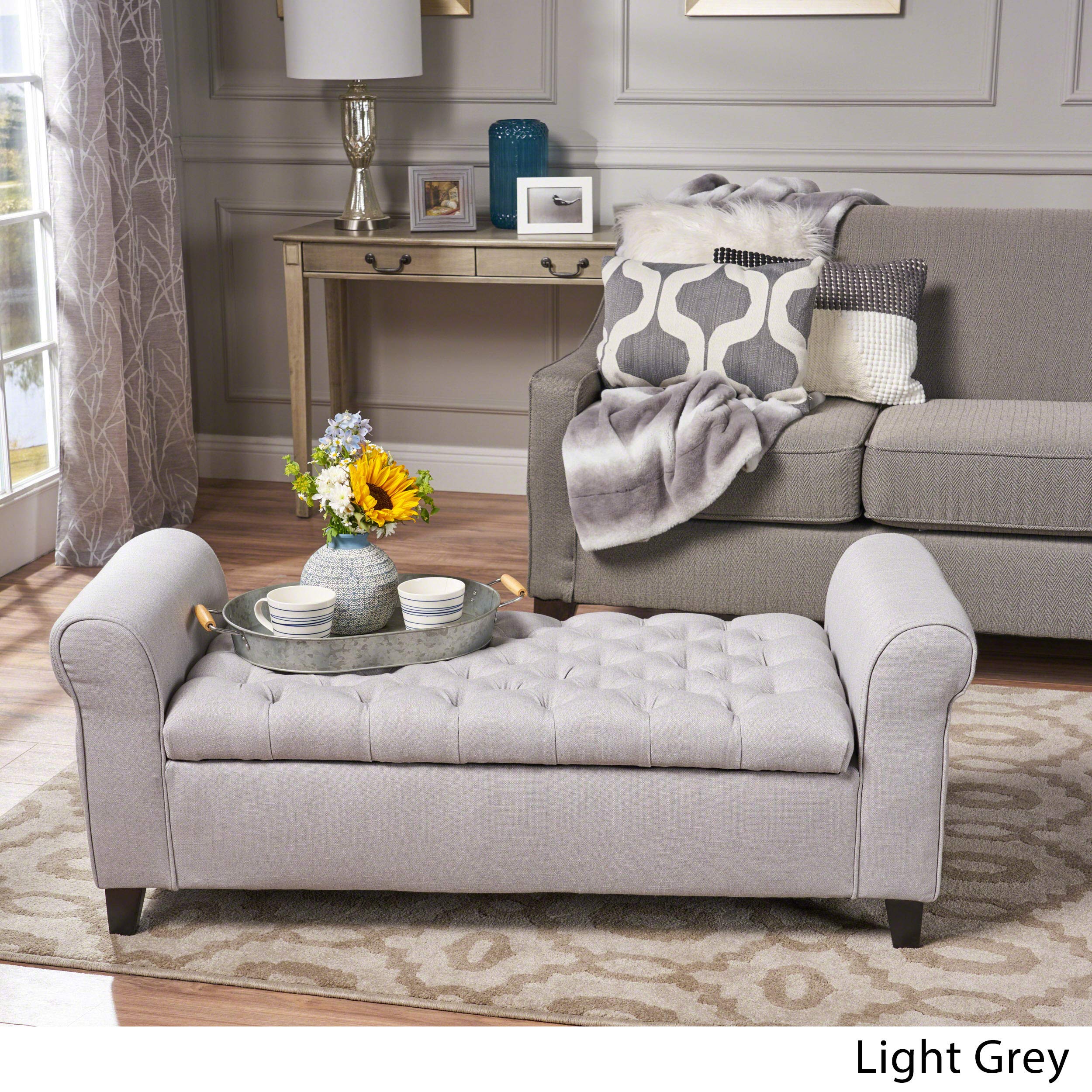 Christopher Knight Home Keiko Fabric Armed Storage Bench, Light Grey