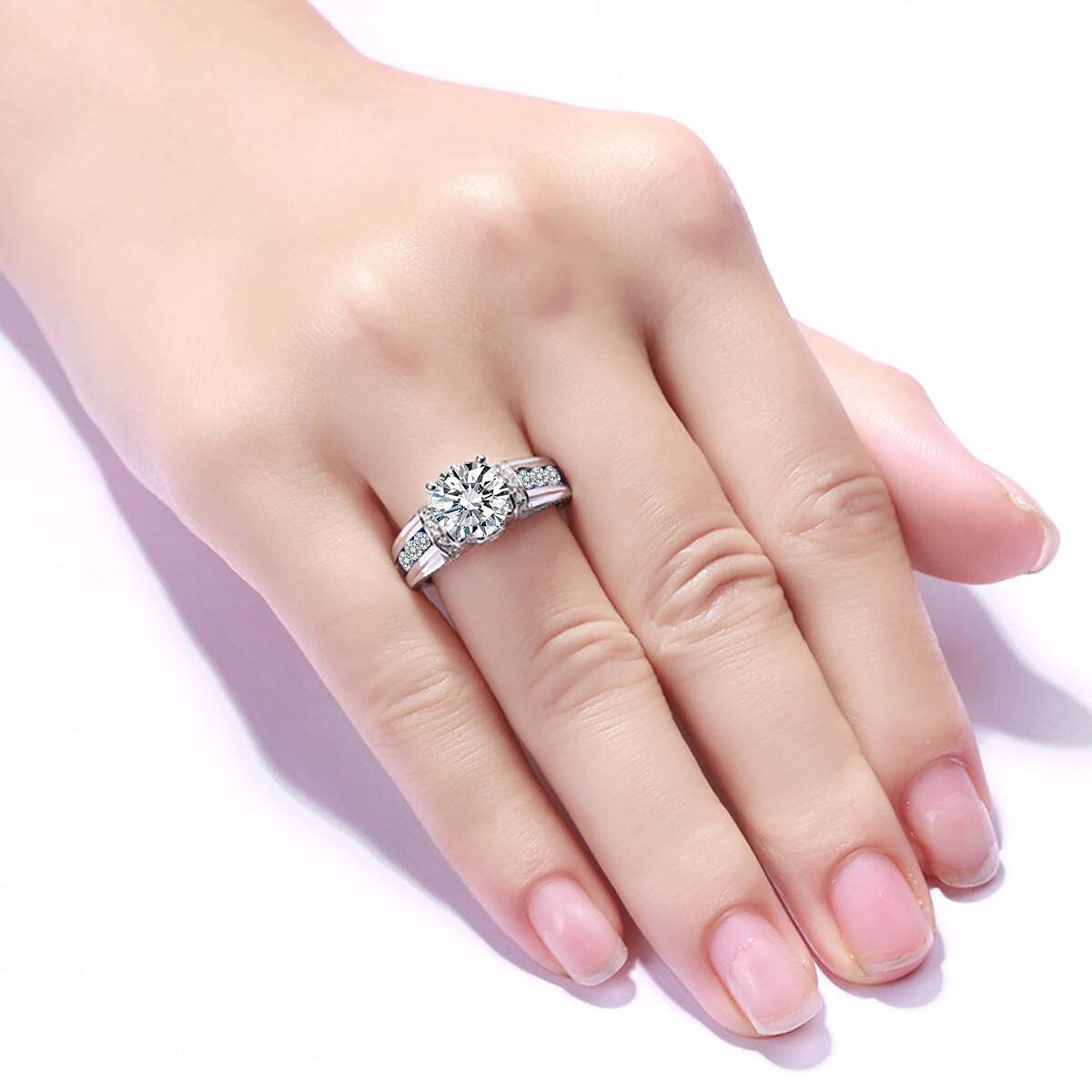 Aihpos Classic Round Engagement Rings for Women White Gold 1 Carat Center Moissanite Engagement Ring Platinum Plated Silver Wedding Anniversary Rings with Text Engraving(size 11.5