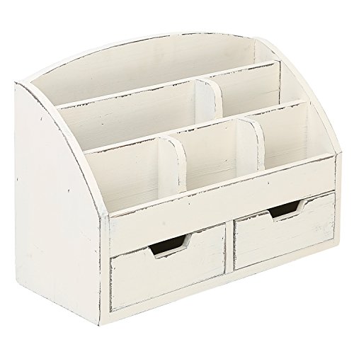 MyGift White Wood Desktop Organizer - Includes 6 Compartments and 2 Pullout Drawers to Organize Office Supplies and Accessories