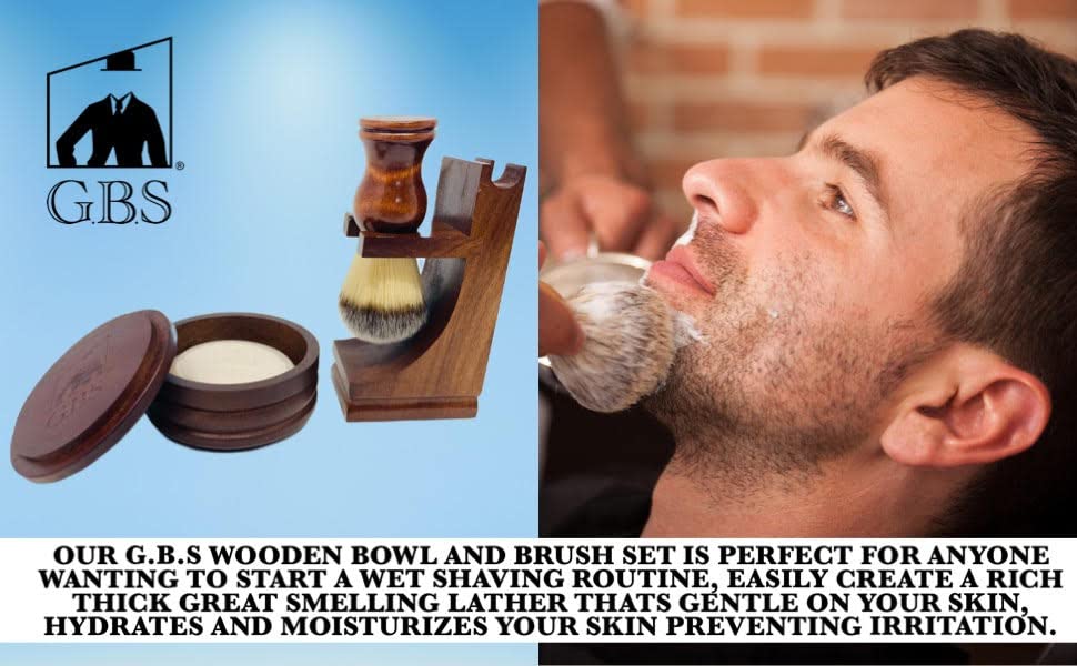 G.B.S Men's Wood Shaving Bowl and Shave Brush with Stand Set Christmas Gift for Men Stocking Stuffer Grooming Kit