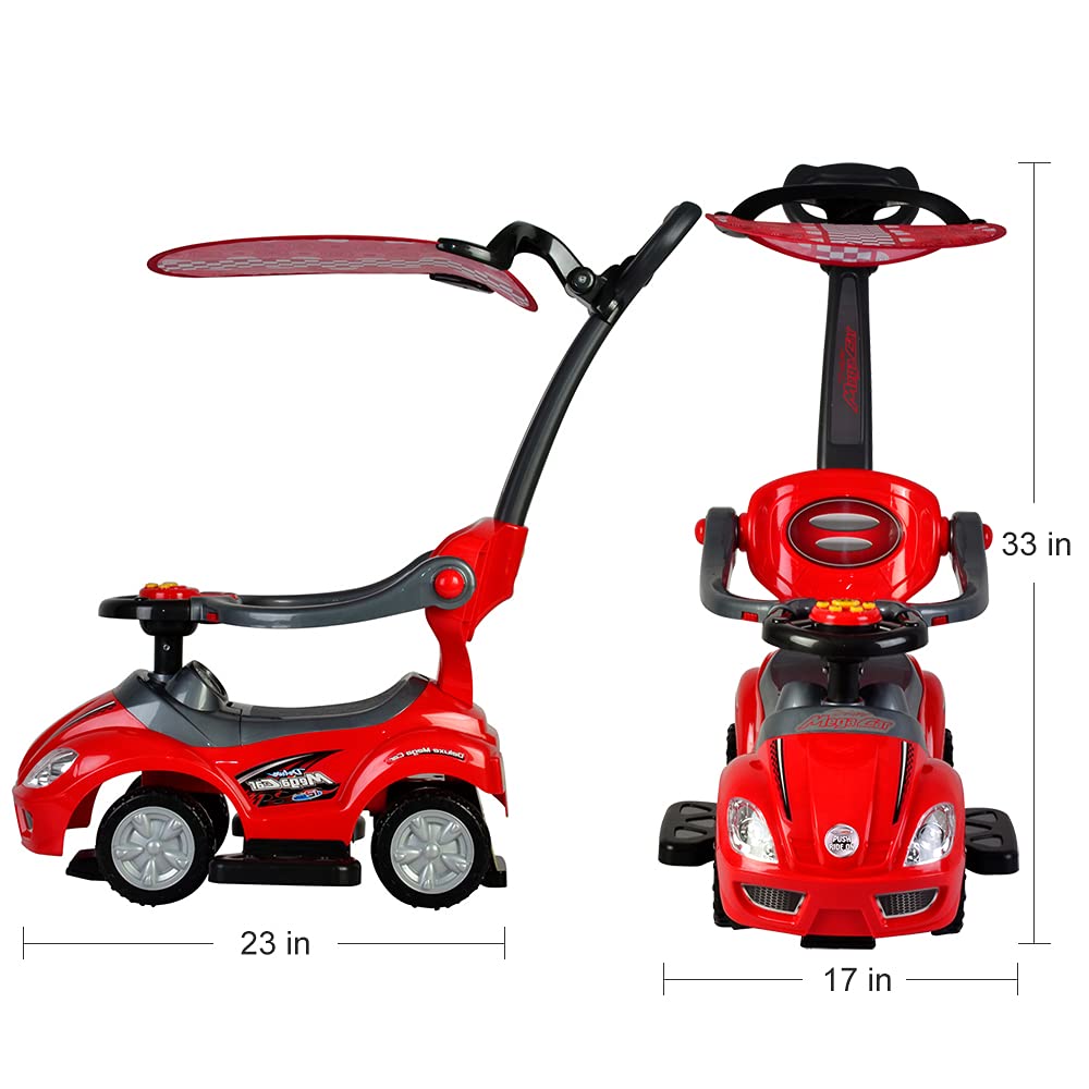 ChromeWheels 3 in 1 Ride on Toys Pushing Car with Removable Sun Visor, Mega Car for Toddlers w/Handle & Horn & Music, Color Red