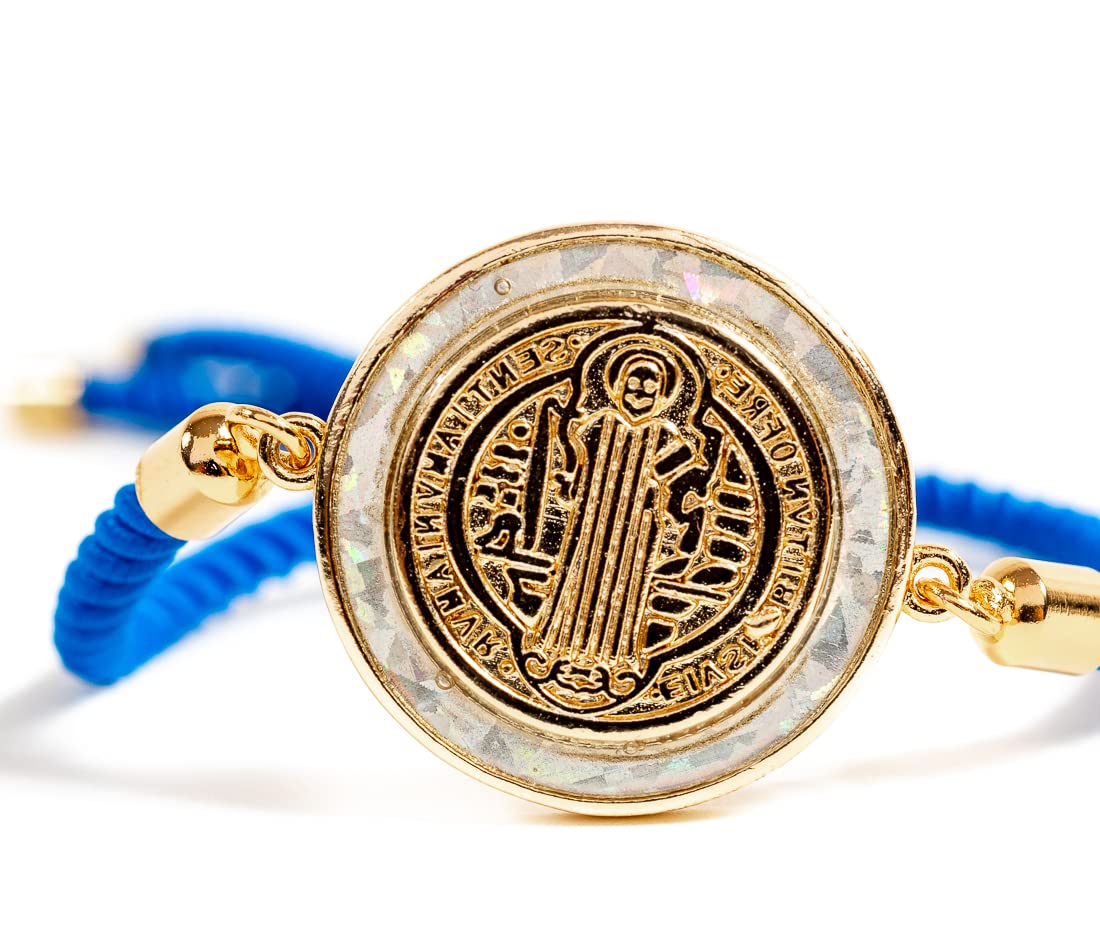 Alea Collection Catholic Blessed Saint Benedict Medal 18K Gold Plated Bracelet Blue String Religious Jewelry