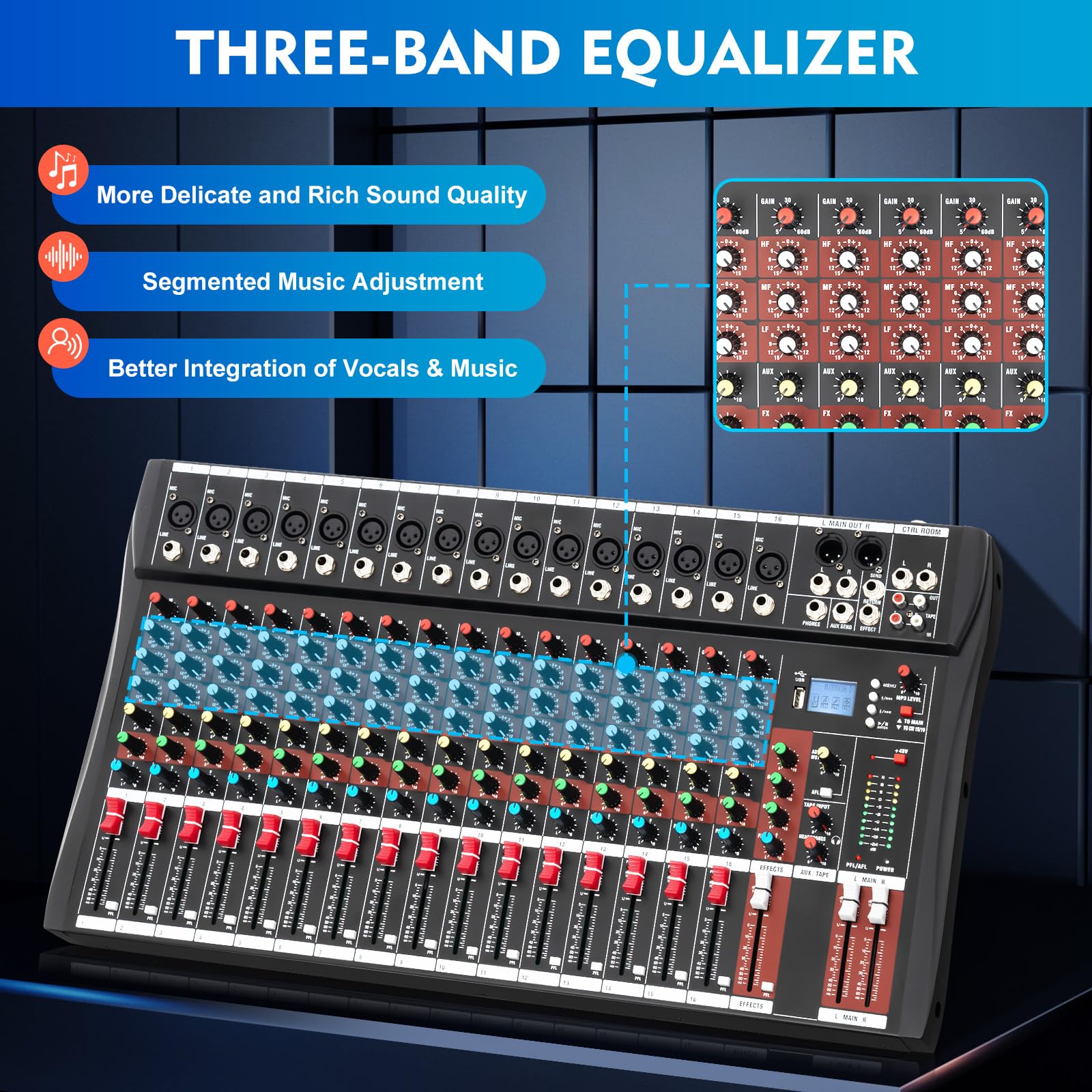 Audio Mixer 16 Channel Bluetooth Live Studio LED Display Professional USB Mixing Console with 3-Band EQ Sound Board Console DJ Studio Audio Mixer for PC Recording Music (16 Channel)