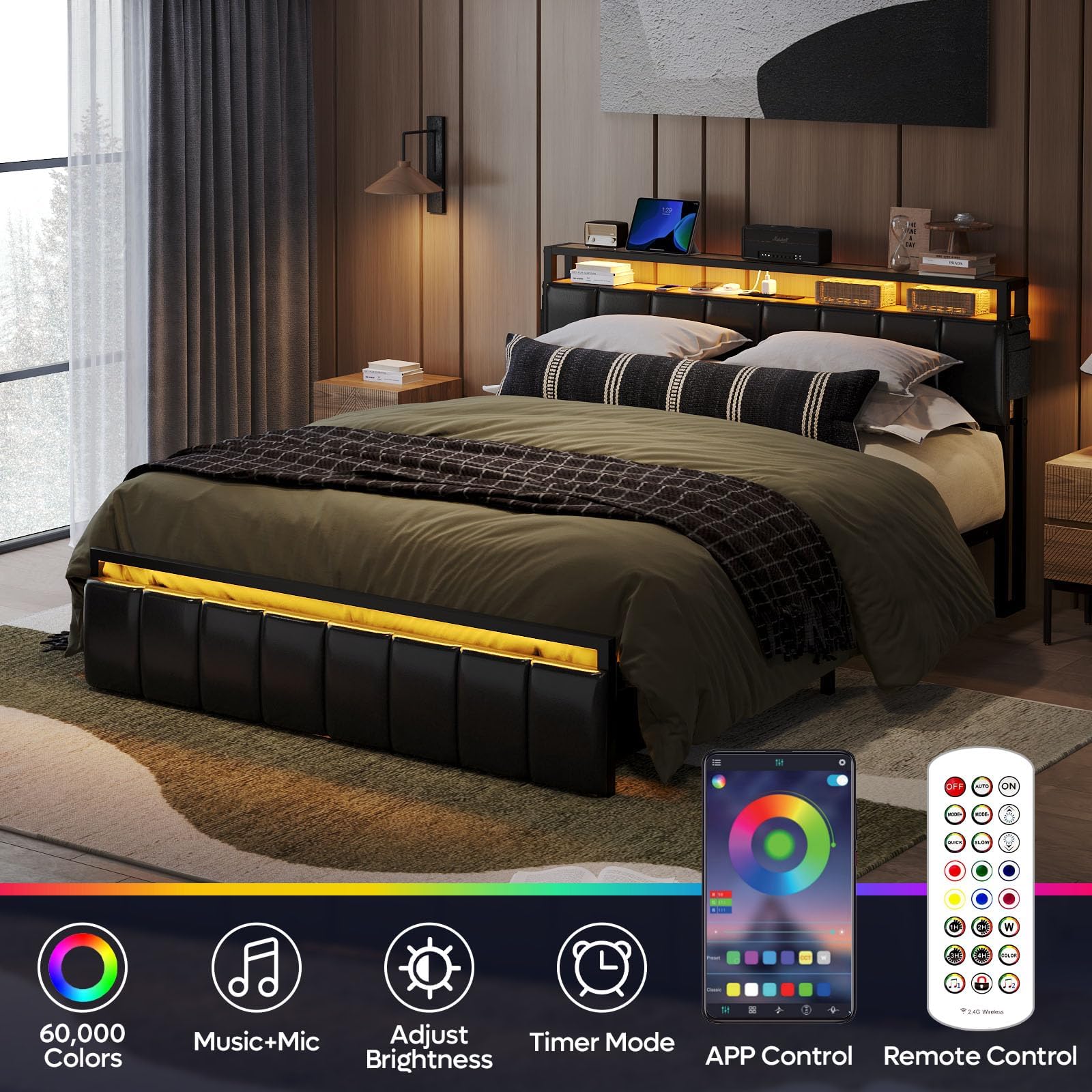 Bestier Queen Bed Frame with Hidden Storage Headboard, Black PU Leather Platform Bed with 2 Dustproof Drawers, 2 Tier Shelves with Charging Station, Dual LED Light, No Box Spring Needed, Easy Assembly