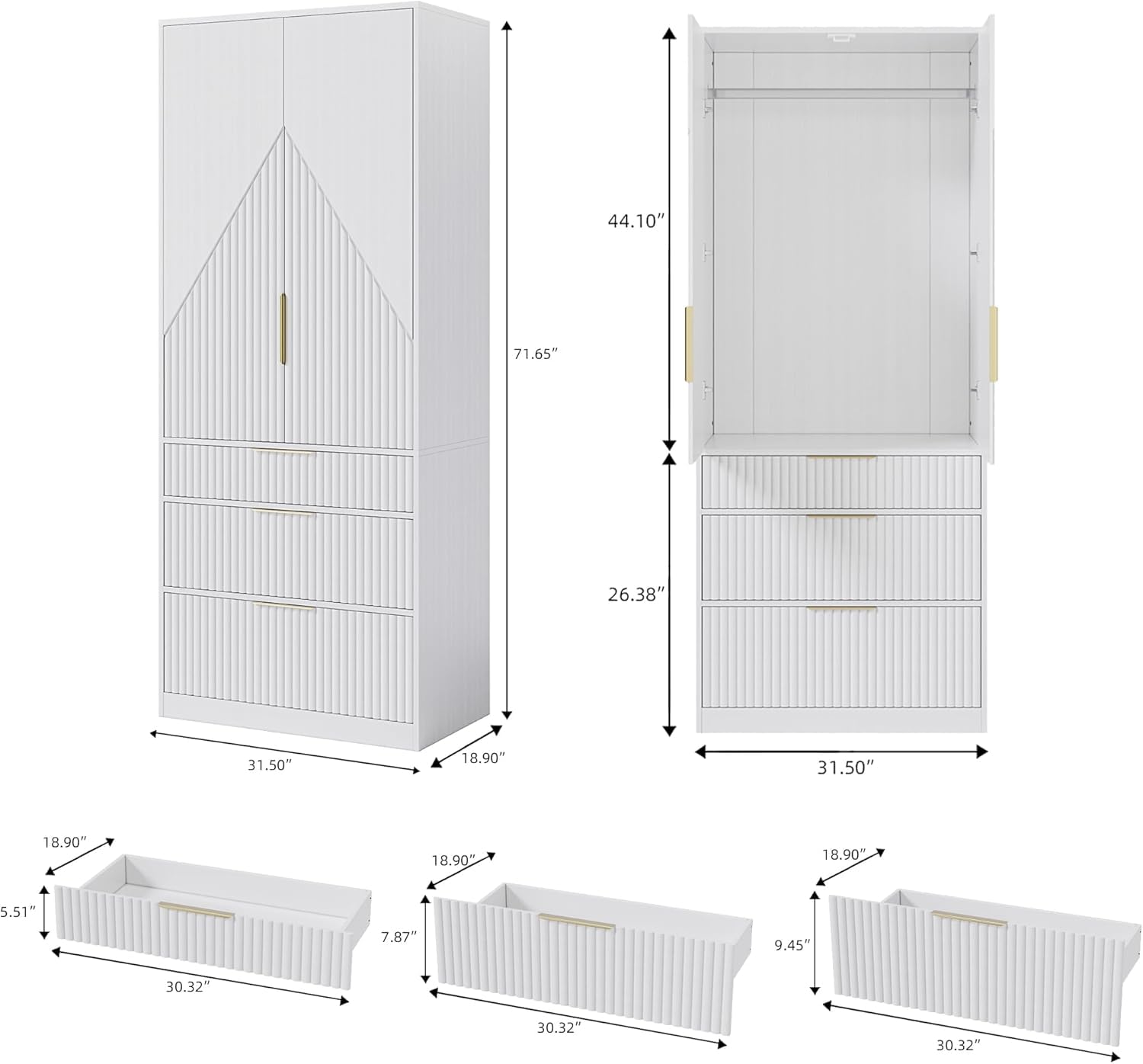 Armoire Wardrobe Closet with 2 Wave Doors & 3 Drawers , 71.7” Bedroom Freestanding Armoire Storage Cabinet, Wooden Wardrobe Combination for Hanging Clothes, Bedroom Clothing Storage Cabinet White