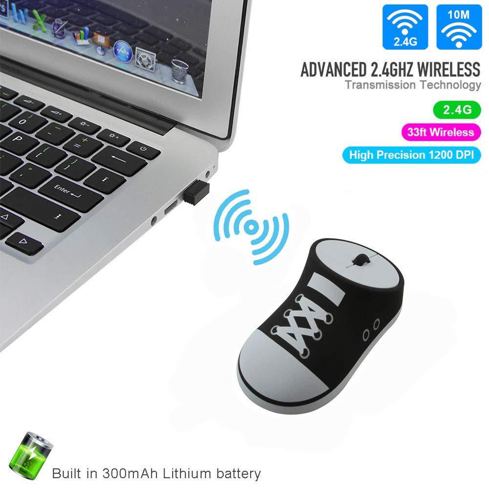 CHUYI Cool Canvas Shoes Shape Ergonomic Design Rechargeable Wireless Mouse Slim Optical Mice with USB Receiver (Stored at Bottom of The Mouse) for PC, Laptop, Computer (Black)