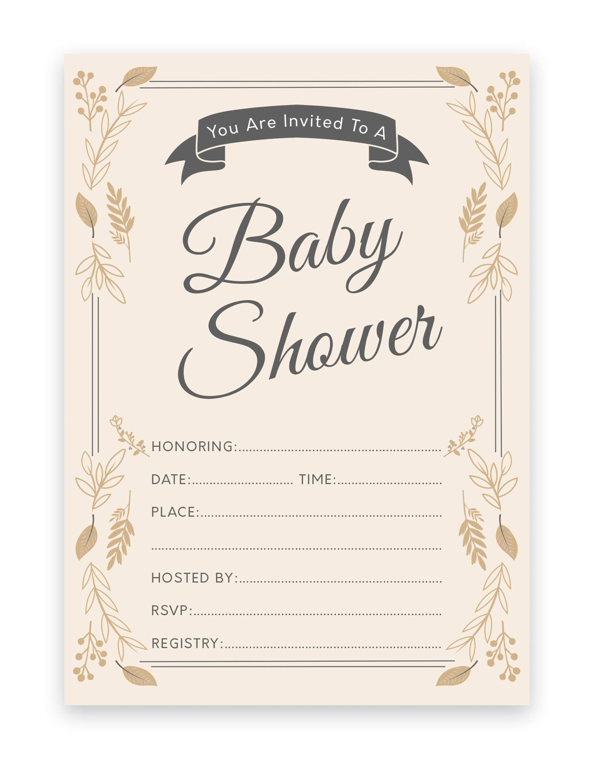 Simple-Glee Baby Shower Invitations Kit - 25 Gender Neutral Rustic Invites, Prediction and Advice Cards, Diaper Raffle Tickets - comes with Envelopes