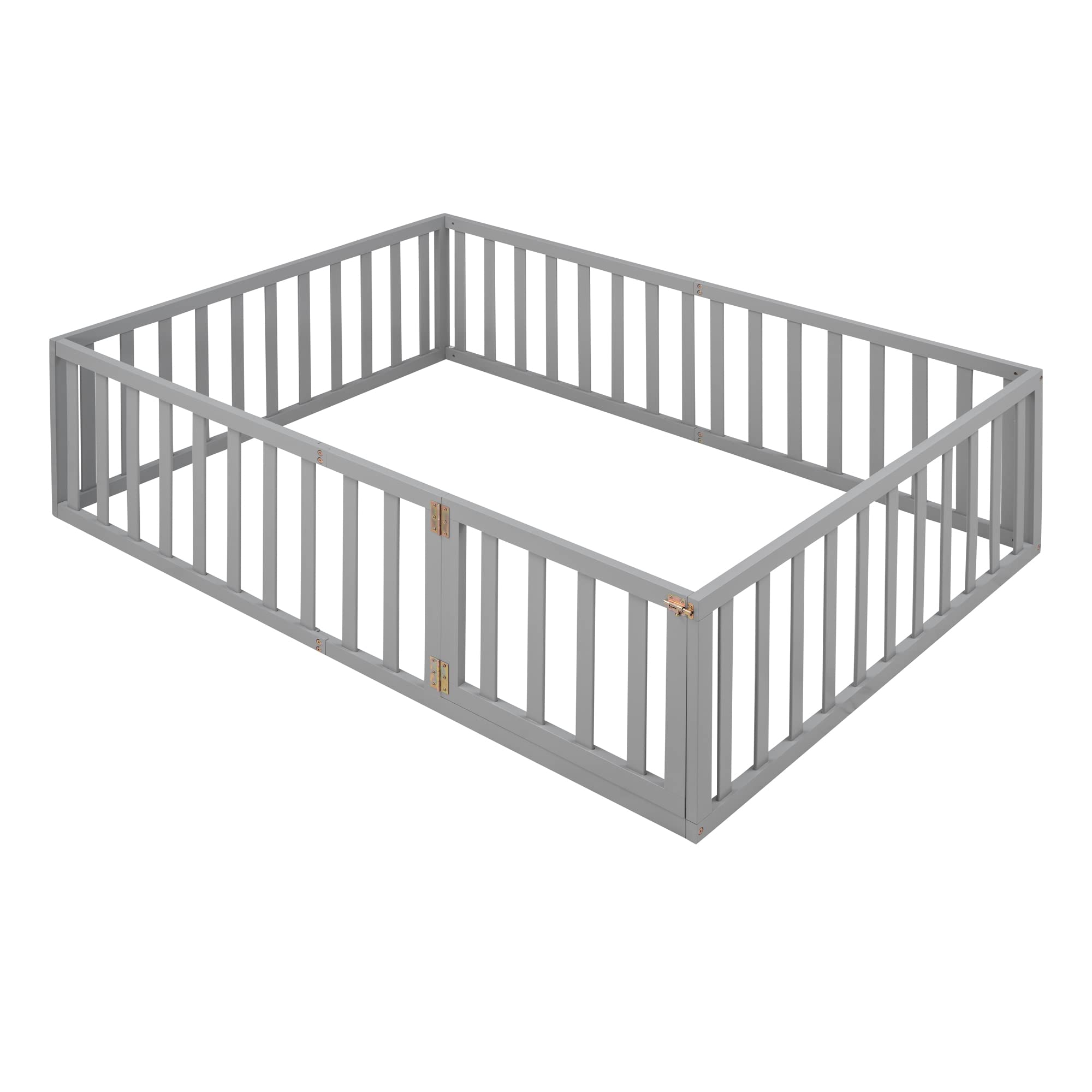 BestLM Full Size Montessori Wood Floor Bed Frame with Rails and Lockable Door for Kids, Gray