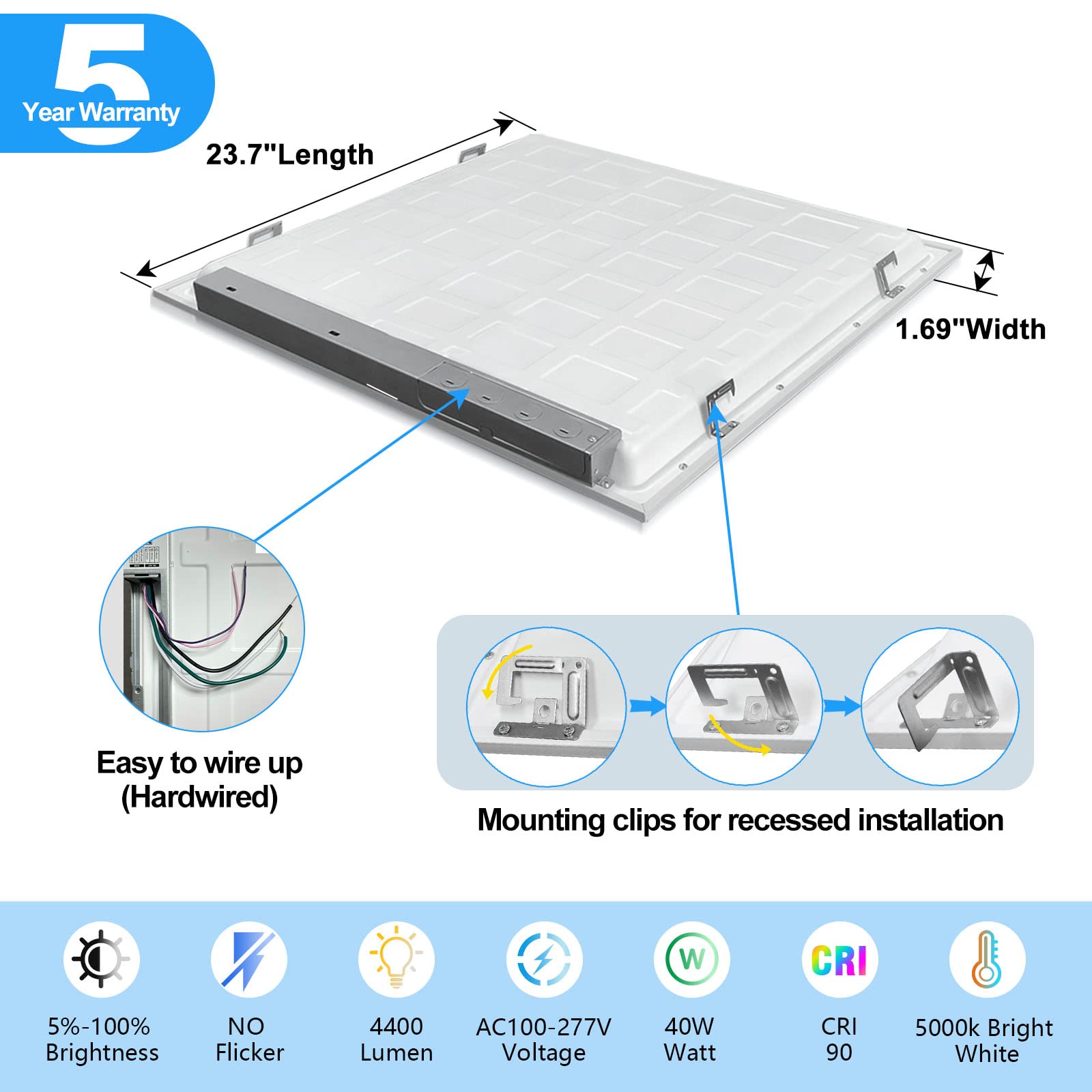 AIJIA 2x2FT White LED Flat Panel Light,40W,Dimmable 0-10V,5000LM,5000K Daylight Drop Ceiling Light,Recessed Back-Lit LED Troffer Fixture,Dustproof Energy Efficient LED Ceiling Panel -ETL,DLC,UL(2Pack)