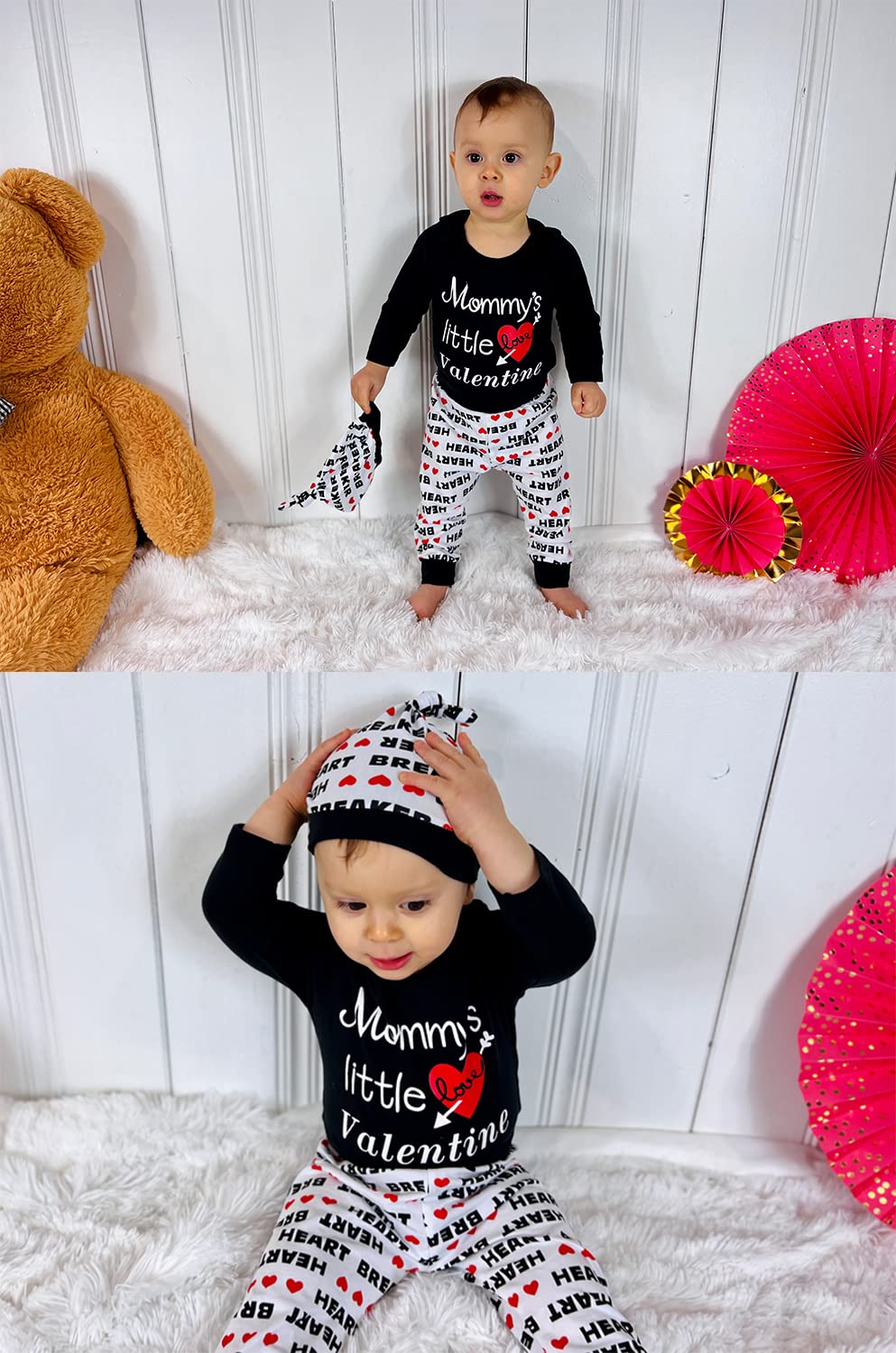 Yruiz 3PC Baby Boys' Mommys' Little Valentine Heart Breaker Outfit Long Pants with hat (6-12 Months)