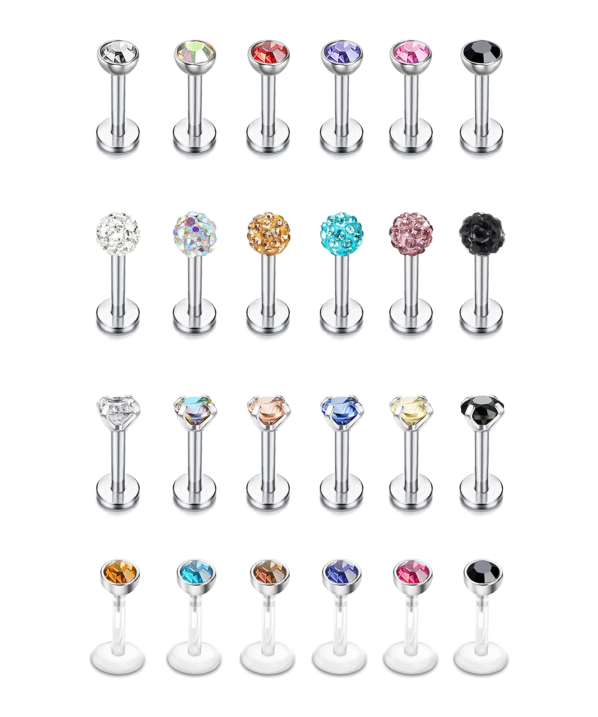 Suprsparkle 24 Pcs 16G Hypoallergenic Stainless Steel Lip Monroe Medusa Labret Jewelry With 3mm Cubic Zirconia For Women Men Forward Helix Earrings Cartilage Tragus Earrings Stud Piercing Jewelry6mm
