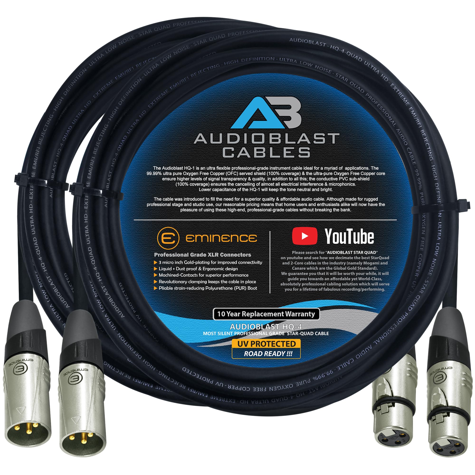 Audioblast - 2 Units - 10 Foot - HQ-4 - Star Quad Balanced Male to Female Microphone Cables with Eminence E311 & E312 Gold XLR Connectors β UV Protected & Road Ready