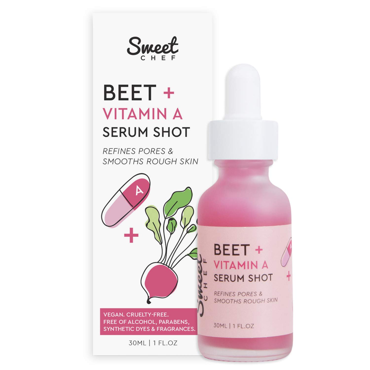 Sweet Chef Beet + Vitamin A Serum Shot - Vitamin A (Retinol) Serum for Face with Seaberry Extract - Hydrates + Smooths the Look of Rough Skin and Pores for a Radiant Glow (30ml / 1 fl oz)