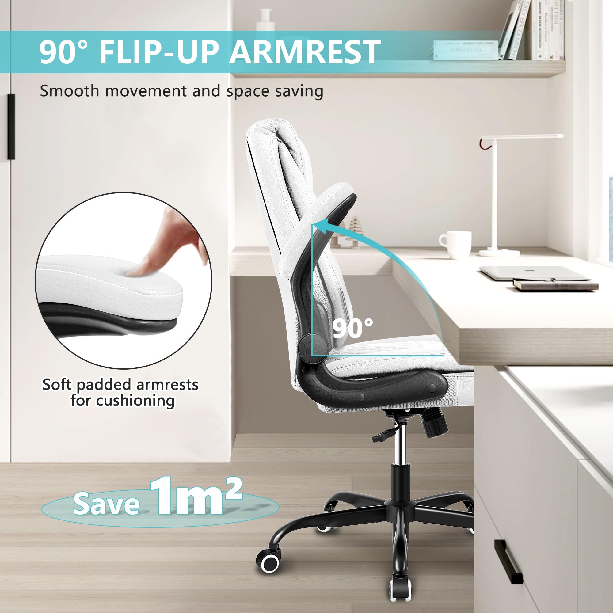 BestEra Office Chair, Executive Leather Chair Home Office Desk Chairs, Ergonomic Computer Desk Chair with Adjustable Flip-Up Arms, Lumber Support Swivel Task Chair with Rocking Function (White)