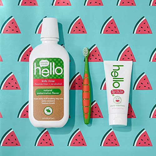Hello Oral Care Kids Fluoride Free and SLS Free Toothpaste Twin Pack with BPA-Free Kids & Toddler Toothbrush, Natural Watermelon