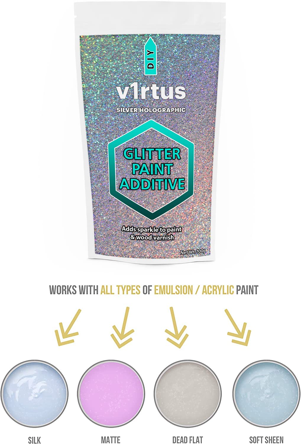 v1rtus Silver Holographic Glitter Paint Additive [400g] with 4X Finishing Buffing Pads for Painting Glitter Walls - Add to Latex Paint, Interior or Exterior for Easy Glitter Sparkle Walls, Ceilings